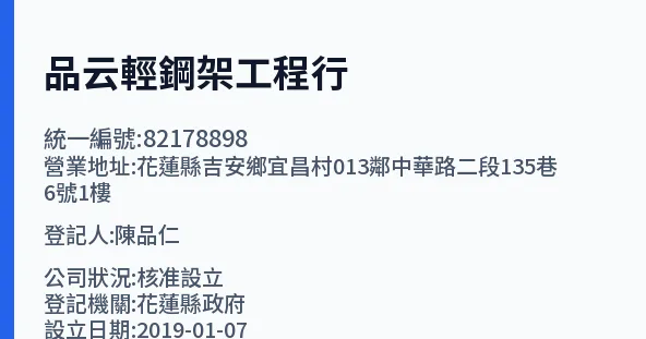 品云輕鋼架工程行的照片-統編 82178898(花蓮縣) 公司登記資料與營業項目詳細圖表