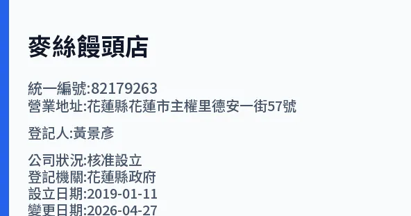 麥絲饅頭店的照片-統編 82179263(花蓮縣) 公司登記資料與營業項目詳細圖表