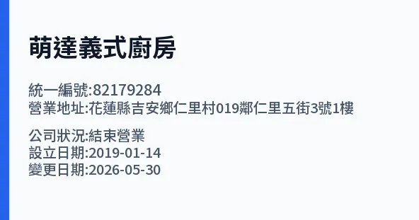 萌達義式廚房的照片-統編 82179284(花蓮縣) 公司登記資料與營業項目詳細圖表