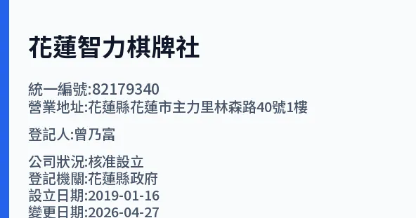 花蓮智力棋牌社的照片-統編 82179340(花蓮縣) 公司登記資料與營業項目詳細圖表