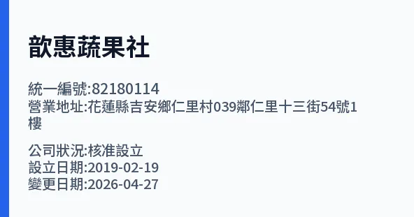 歆惠蔬果社的照片-統編 82180114(花蓮縣) 公司登記資料與營業項目詳細圖表
