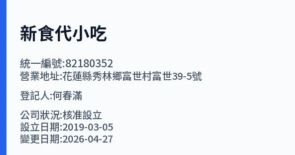 新食代小吃的照片-統編 82180352(花蓮縣) 公司登記資料與營業項目詳細圖表