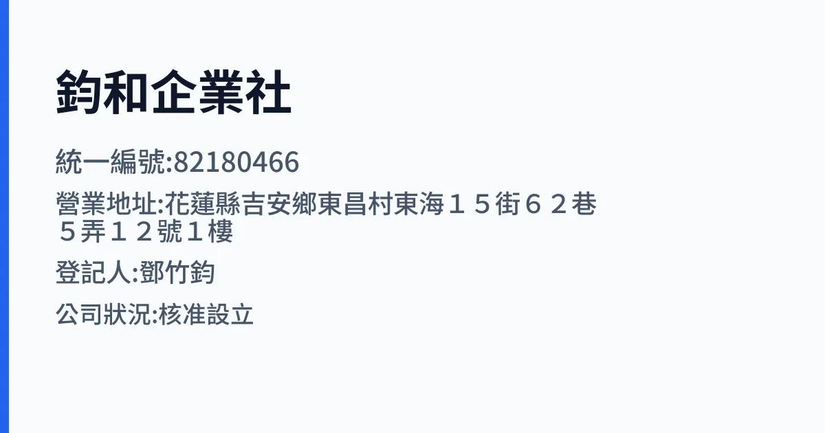鈞和企業社 - 統編 82180466(花蓮縣) 公司登記資料與營業項目詳細圖表
