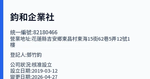 鈞和企業社的照片-統編 82180466(花蓮縣) 公司登記資料與營業項目詳細圖表