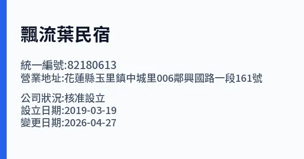 飄流葉民宿的照片-統編 82180613(花蓮縣) 公司登記資料與營業項目詳細圖表