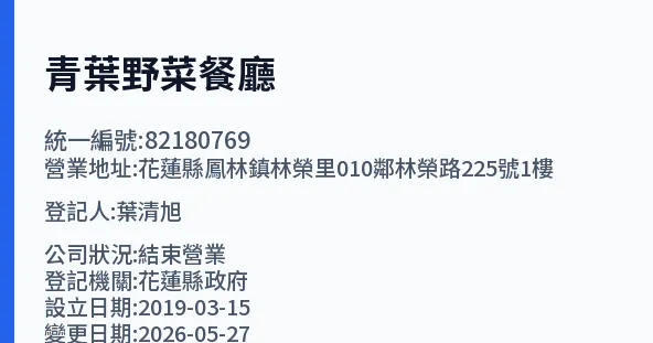 青葉野菜餐廳的照片-統編 82180769(花蓮縣) 公司登記資料與營業項目詳細圖表