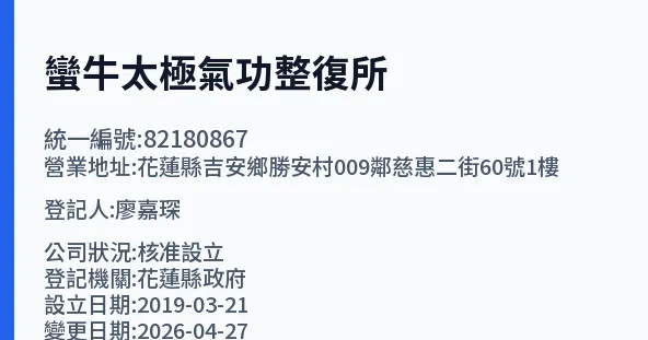蠻牛太極氣功整復所的照片-統編 82180867(花蓮縣) 公司登記資料與營業項目詳細圖表