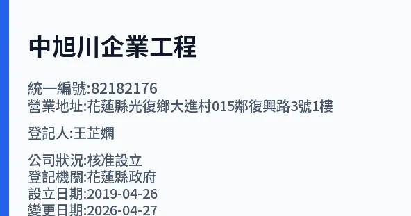 中旭川企業工程的照片-統編 82182176(花蓮縣) 公司登記資料與營業項目詳細圖表