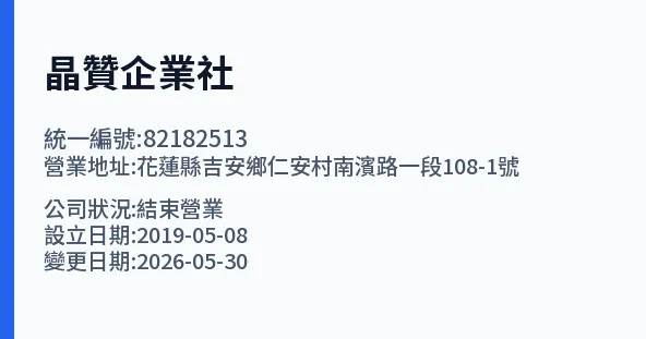 晶贊企業社的照片-統編 82182513(花蓮縣) 公司登記資料與營業項目詳細圖表