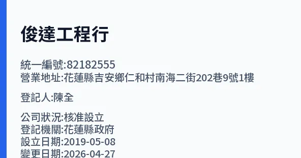 俊達工程行的照片-統編 82182555(花蓮縣) 公司登記資料與營業項目詳細圖表