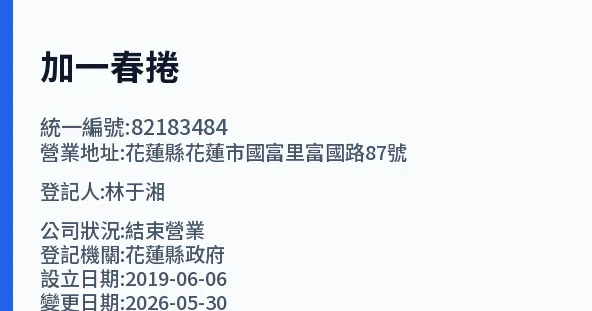 加一春捲的照片-統編 82183484(花蓮縣) 公司登記資料與營業項目詳細圖表