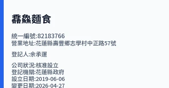 馫鱻麵食的照片-統編 82183766(花蓮縣) 公司登記資料與營業項目詳細圖表