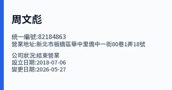 周文彪的照片-統編 82184863(新北市) 公司登記資料與營業項目詳細圖表