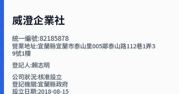 威澄企業社的照片-統編 82185878(宜蘭縣) 公司登記資料與營業項目詳細圖表