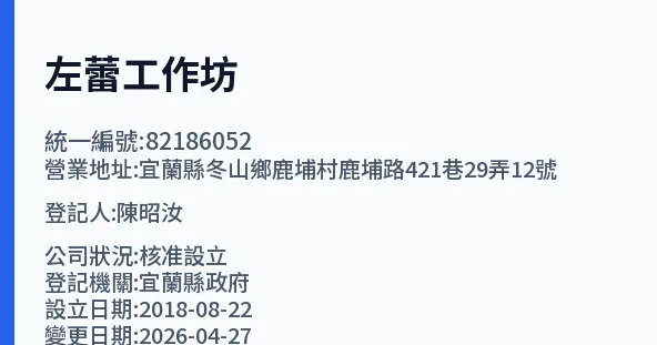 左蕾工作坊的照片-統編 82186052(宜蘭縣) 公司登記資料與營業項目詳細圖表