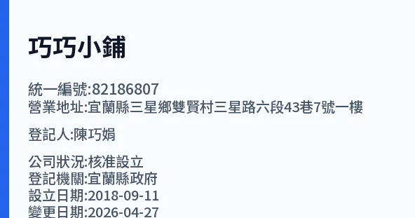 巧巧小鋪的照片-統編 82186807(宜蘭縣) 公司登記資料與營業項目詳細圖表