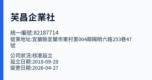 芙昌企業社的照片-統編 82187714(宜蘭縣) 公司登記資料與營業項目詳細圖表