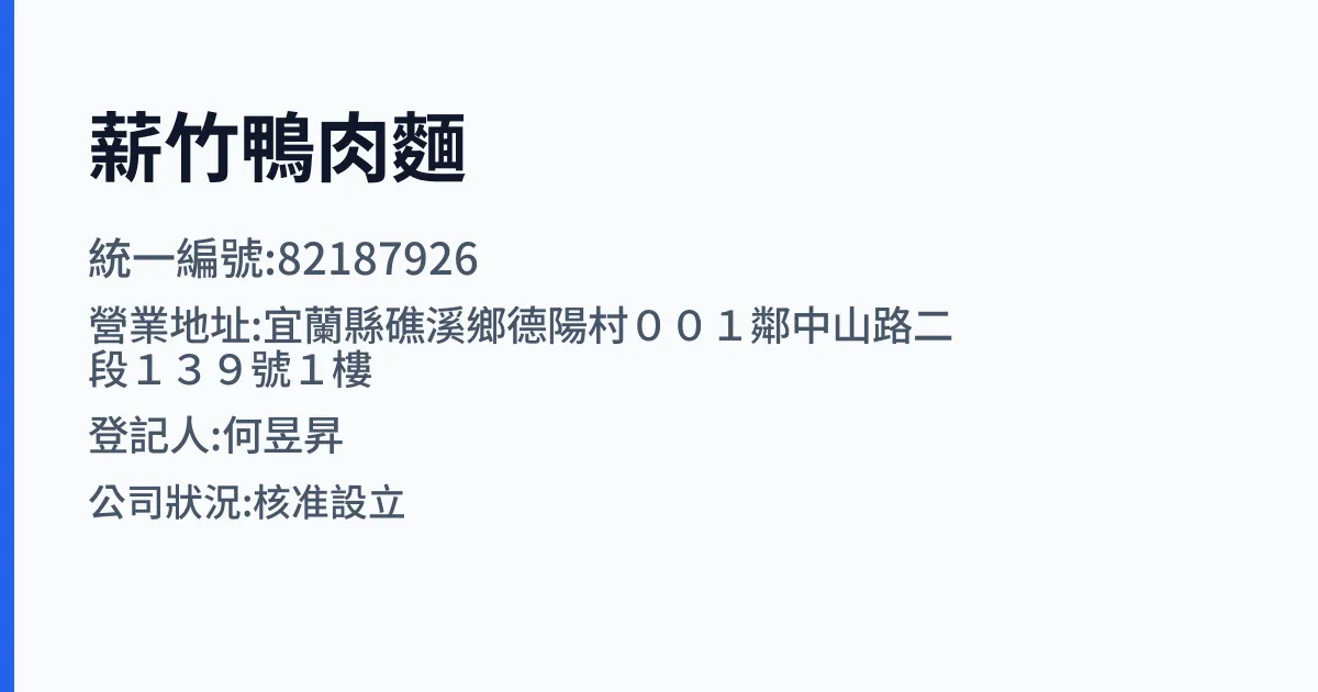 薪竹鴨肉麵 - 統編 82187926(宜蘭縣) 公司登記資料與營業項目詳細圖表