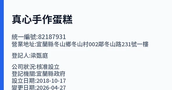 真心手作蛋糕的照片-統編 82187931(宜蘭縣) 公司登記資料與營業項目詳細圖表