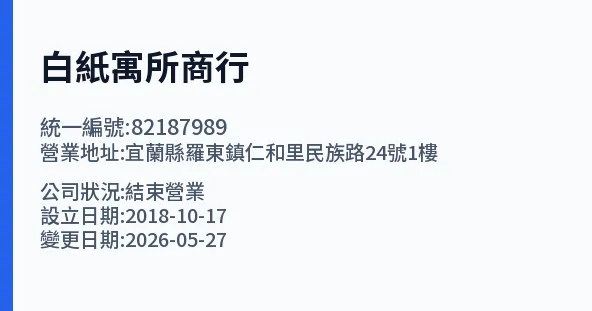 白紙寓所商行的照片-統編 82187989(宜蘭縣) 公司登記資料與營業項目詳細圖表