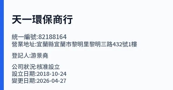天一環保商行的照片-統編 82188164(宜蘭縣) 公司登記資料與營業項目詳細圖表