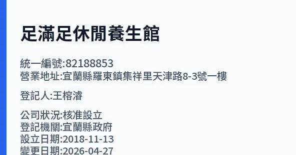 足滿足休閒養生館的照片-統編 82188853(宜蘭縣) 公司登記資料與營業項目詳細圖表