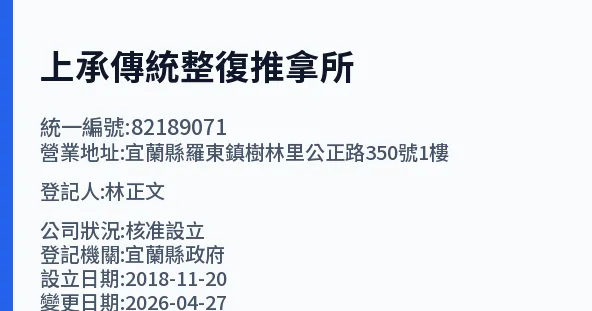 上承傳統整復推拿所的照片-統編 82189071(宜蘭縣) 公司登記資料與營業項目詳細圖表