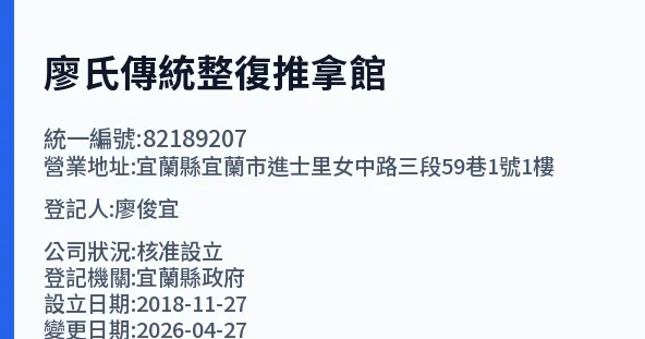 廖氏傳統整復推拿館的照片-統編 82189207(宜蘭縣) 公司登記資料與營業項目詳細圖表