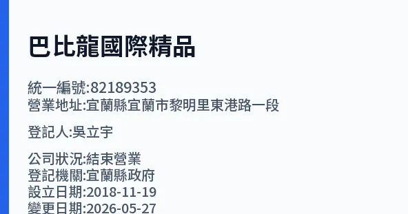 巴比龍國際精品的照片-統編 82189353(宜蘭縣) 公司登記資料與營業項目詳細圖表