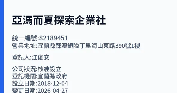 亞溤而夏探索企業社的照片-統編 82189451(宜蘭縣) 公司登記資料與營業項目詳細圖表