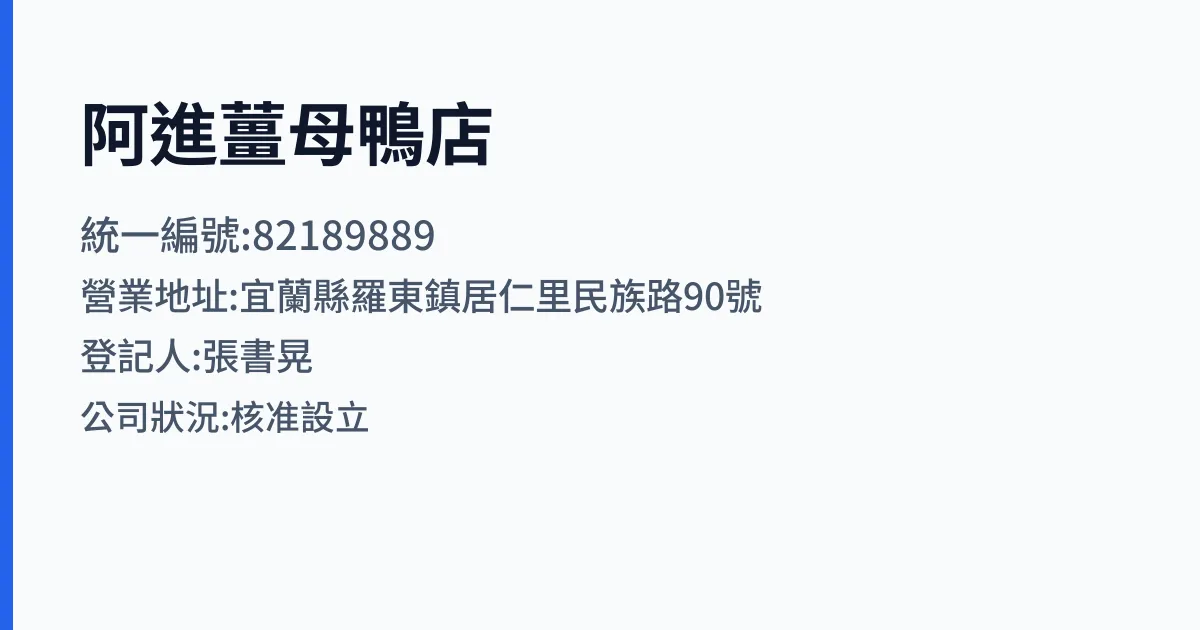 阿進薑母鴨店 - 統編 82189889(宜蘭縣) 公司登記資料與營業項目詳細圖表