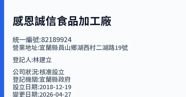 感恩誠信食品加工廠的照片-統編 82189924(宜蘭縣) 公司登記資料與營業項目詳細圖表
