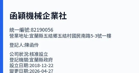 函穎機械企業社的照片-統編 82190056(宜蘭縣) 公司登記資料與營業項目詳細圖表