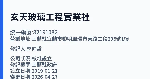 玄天玻璃工程實業社的照片-統編 82191082(宜蘭縣) 公司登記資料與營業項目詳細圖表