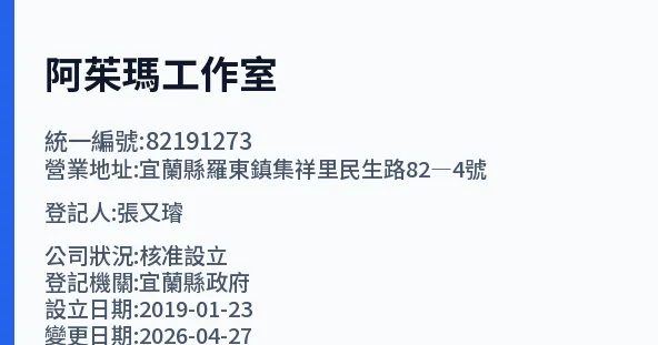 阿茱瑪工作室的照片-統編 82191273(宜蘭縣) 公司登記資料與營業項目詳細圖表