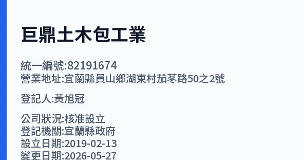 巨鼎土木包工業的照片-統編 82191674(宜蘭縣) 公司登記資料與營業項目詳細圖表