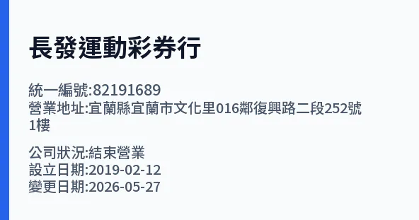 長發運動彩券行的照片-統編 82191689(宜蘭縣) 公司登記資料與營業項目詳細圖表