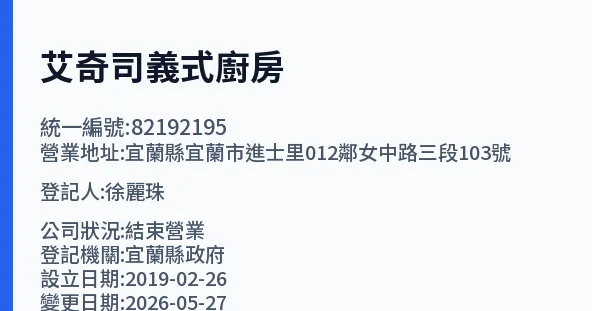 艾奇司義式廚房的照片-統編 82192195(宜蘭縣) 公司登記資料與營業項目詳細圖表