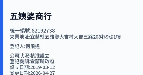 五姨婆商行的照片-統編 82192738(宜蘭縣) 公司登記資料與營業項目詳細圖表