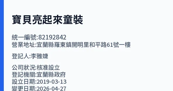 寶貝亮起來童裝的照片-統編 82192842(宜蘭縣) 公司登記資料與營業項目詳細圖表