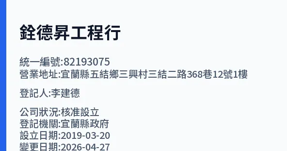 銓德昇工程行的照片-統編 82193075(宜蘭縣) 公司登記資料與營業項目詳細圖表