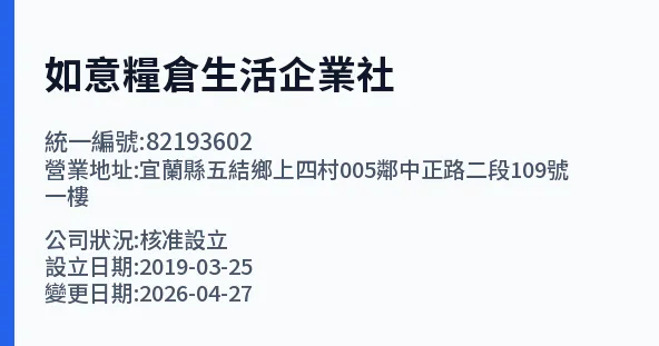 如意糧倉生活企業社的照片-統編 82193602(宜蘭縣) 公司登記資料與營業項目詳細圖表