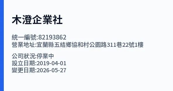 木澄企業社的照片-統編 82193862(宜蘭縣) 公司登記資料與營業項目詳細圖表