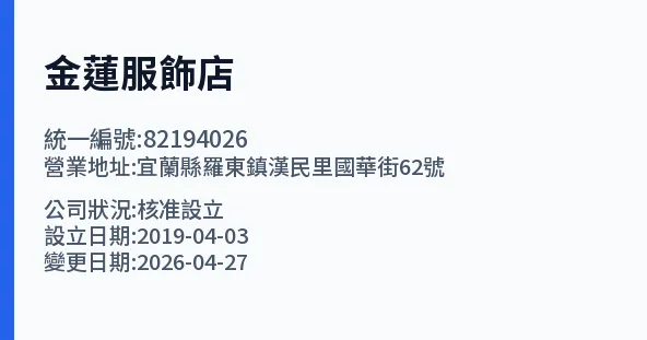 金蓮服飾店的照片-統編 82194026(宜蘭縣) 公司登記資料與營業項目詳細圖表