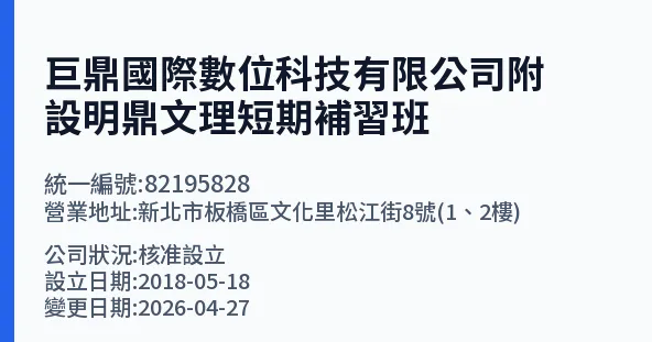 巨鼎國際數位科技有限公司附設明鼎文理短期補習班的照片-統編 82195828(新北市) 公司登記資料與營業項目詳細圖表
