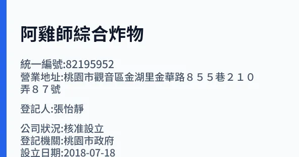 阿雞師綜合炸物 - 統編 82195952(桃園市) 公司登記資料與營業項目詳細圖表