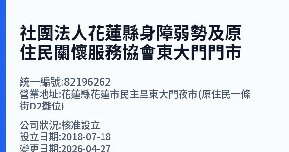社團法人花蓮縣身障弱勢及原住民關懷服務協會東大門門市的照片-統編 82196262(花蓮縣) 公司登記資料與營業項目詳細圖表