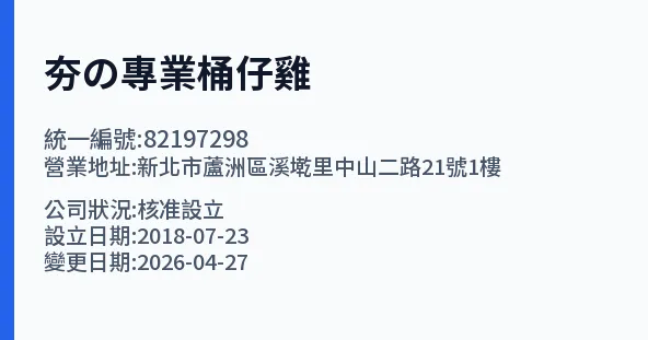 夯の專業桶仔雞的照片-統編 82197298(新北市) 公司登記資料與營業項目詳細圖表