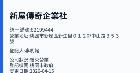 新屋傳奇企業社的照片-統編 82199444(桃園市) 公司登記資料與營業項目詳細圖表