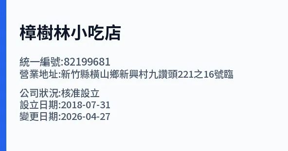 樟樹林小吃店的照片-統編 82199681(新竹縣) 公司登記資料與營業項目詳細圖表